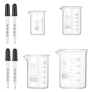 glass beaker set, 4 pack graduated measuring beakers 25ml 50ml 100ml 200ml low form griffin thick wall lab beakers with 4 pcs 1ml glass pipette