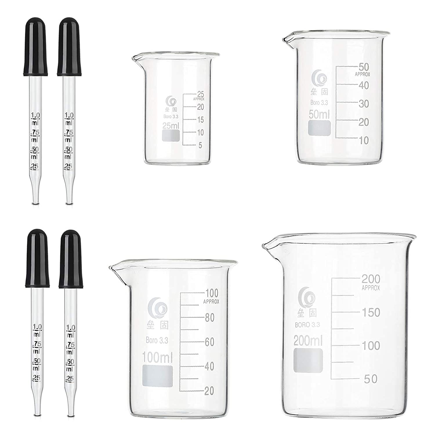 Glass Beaker Set, 4 Pack Graduated Measuring Beakers 25ml 50ml 100ml 200ml Low Form Griffin Thick Wall Lab Beakers with 4 Pcs 1ml Glass Pipette