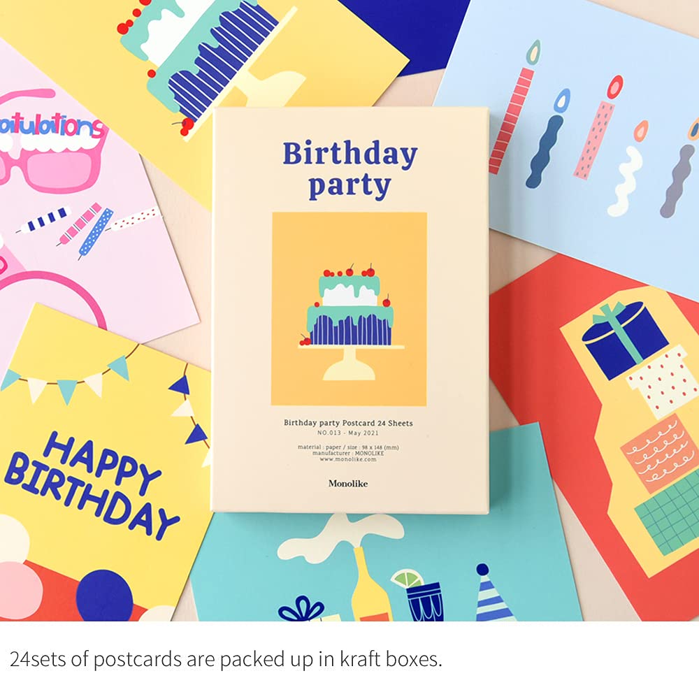 Monolike Birthday Party Single cards - mix 24 pack, lovely 24 Single cards