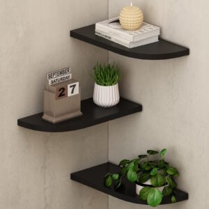 welland floating corner shelves wall mounted display shelf set of 3 for bathroom, bedroom, living room, kitchen, office and more(black)