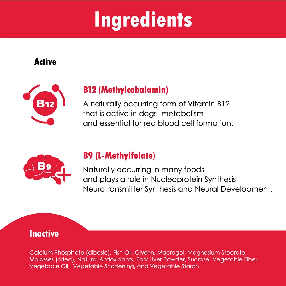 CobalaVet Vitamin B12 & B9 for Small Dogs & Cats - Supports The Nervous System, Brain Function, Immune Defenses & Cell Growth - Blood Cell Formation - Metabolic Pathway - 60 Soft Chews