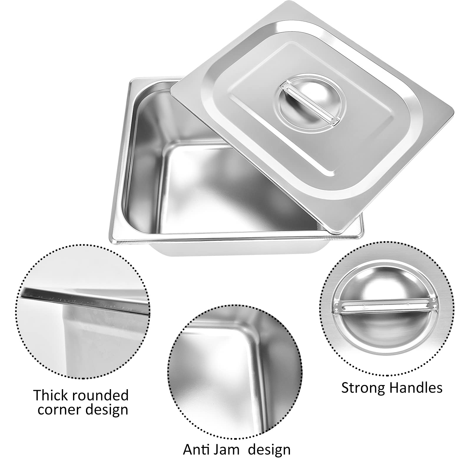 DatingDay 4 Packs Stainless Steel Hotel Pan,1/2 Size x 6" Deep，22 Gauge/0.7mm Thick Steam Table Pan Anti Jam Steam Table Pan with Lid,Stainless Steel Container (1/2 Size x 6" Deep)