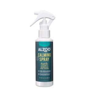 alzoo calming spray for cats, helps to relieve anxiety and stress from thunder, fireworks, vet visits, travel, boarding, etc., 100% plant-based active ingredients