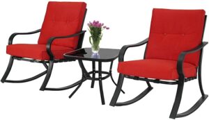 betterland outdoor 3-piece rocking chairs patio bistro sets, glass-top coffee table & black metal ​patio furniture with thickened cushions (red)