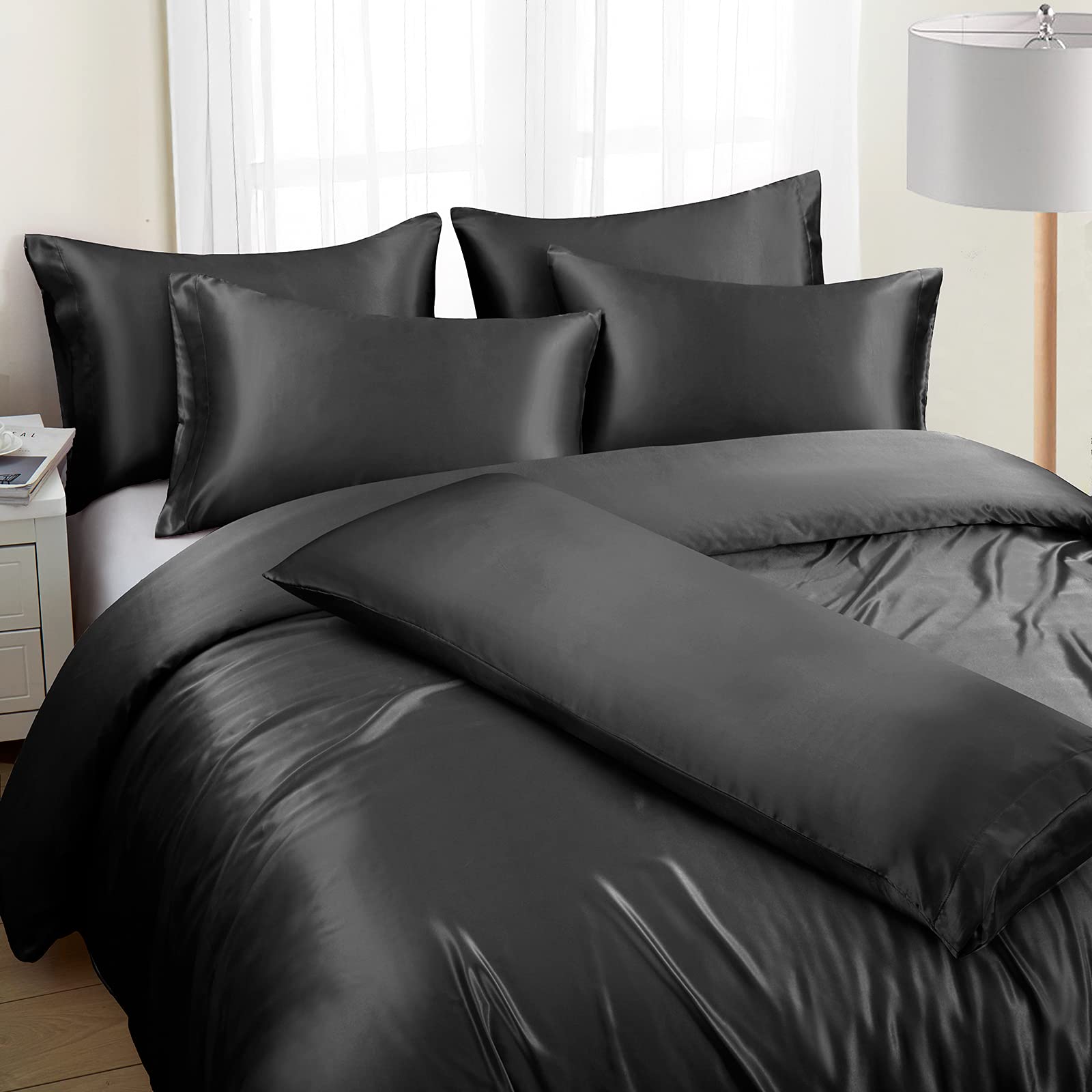 Ersmak 6 Pieces Satin Duvet Cover Full/Queen Size Luxury Silky Bedding Duvet Cover Set with 1 Soft Duvet Cover, 4 Queen Pillowcases and 1 Body Pillowcase, Black