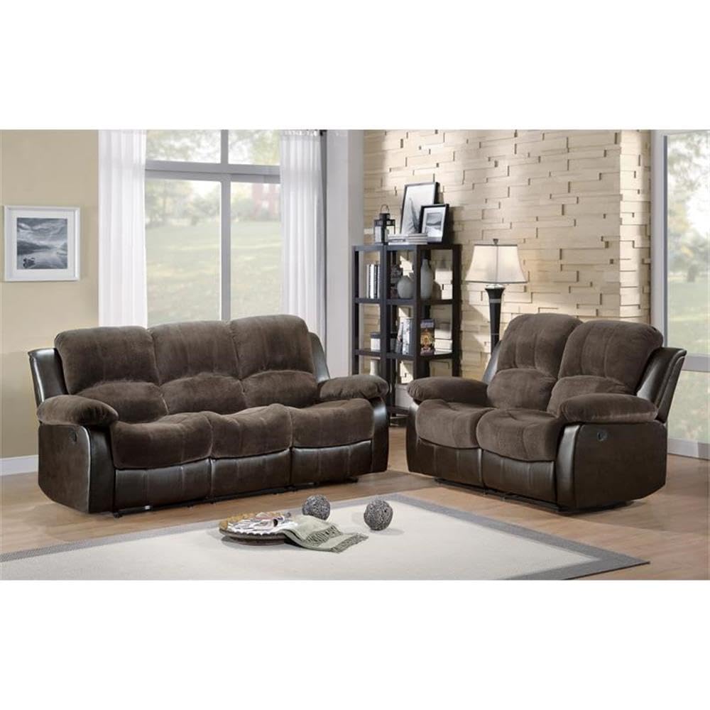 Pemberly Row Traditional Microfiber Double Reclining Sofa in Chocolate