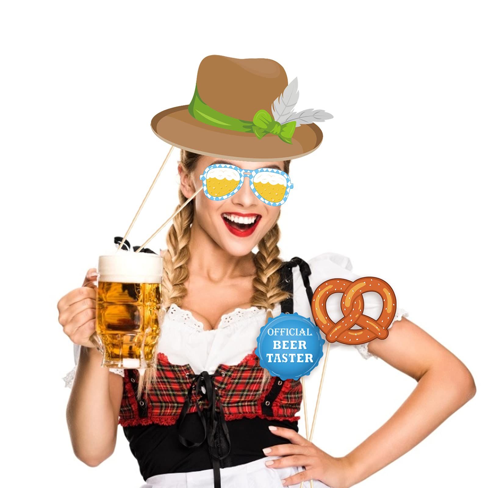 25Pcs The Munich Oktoberfest Photo Booth Props with Stick, German Oktoberfest Selfie Props, Wiesenbier Party Supplies,Sausage,Beer,Gold Dress,Leather Pants Theme Backdrop Decorations