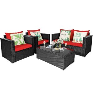 BETTARY 4 PCS Patio Rattan Chair Set, Sofa Set w/Tempered Glass Coffee Table, Conversation Set w/Seat & Back Cushions, Outdoor Wicker Sectional Furniture Set for Garden/Yard/Poolside (1, Red)