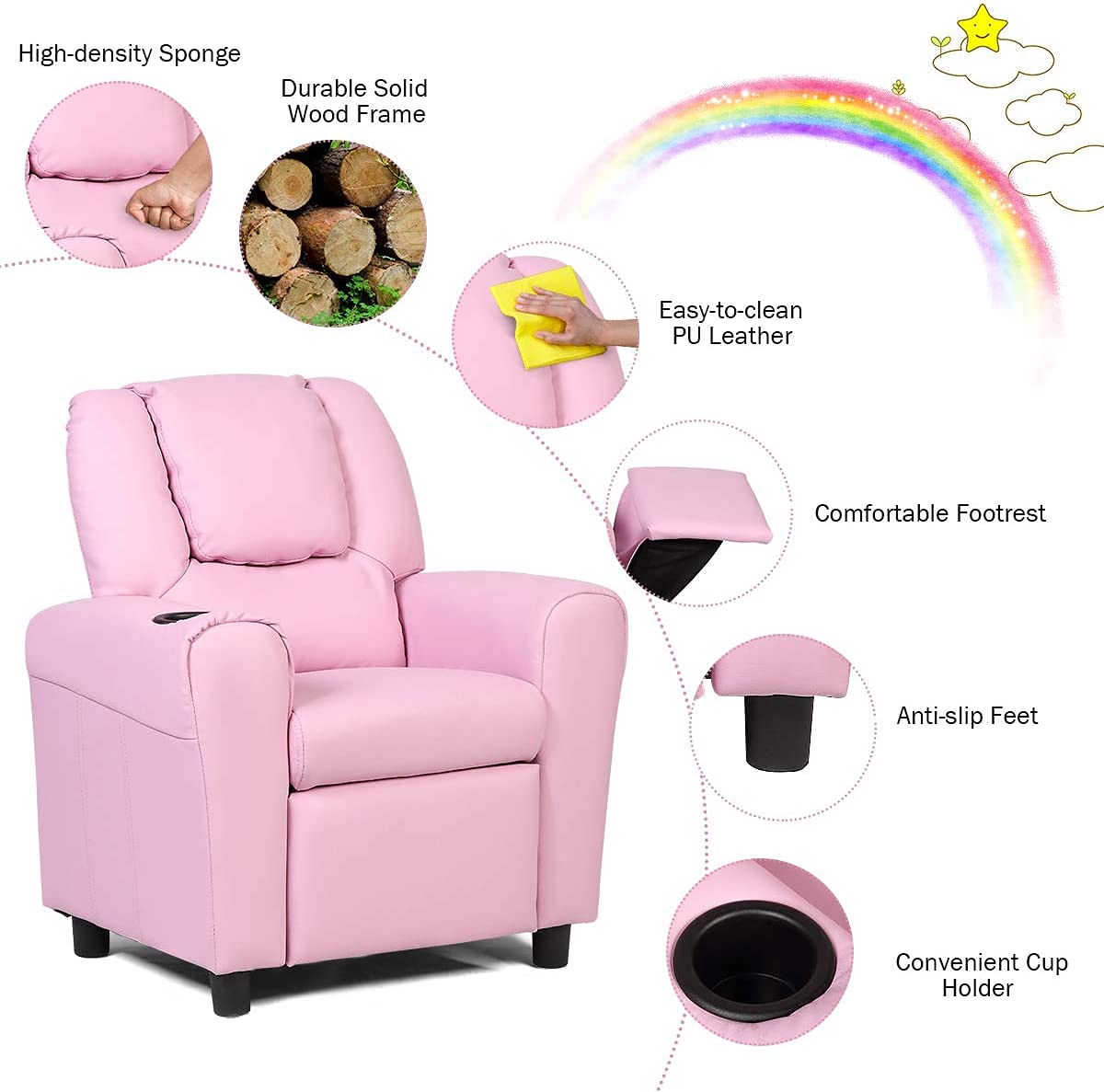 LDAILY Kids Recliner, PU Leather Kids Lounge Chair with Cup Holder, Adjustable Footrest, Ergonomic Toddler Furniture Sofa for Children, Boys & Girls, Living Room, Toddler Recliner, Pink