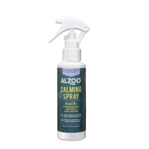 alzoo calming spray for dogs, helps to relieve stress from separation anxiety, travel, vet visits, fireworks, etc., 100% plant-based active ingredients, 3.4 fl. oz spray bottle