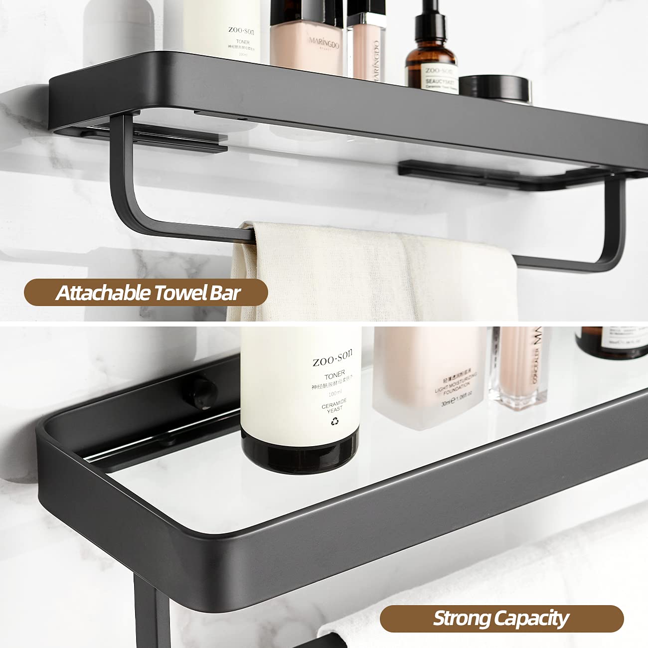 VOLPONE Bathroom Shelves Wall Mounted Glass Shelf for Bathroom Floating Shelf Tempered Glass Black Bathroom Wall Organizer 2-Tier