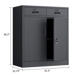 JINGUR Metal Storage Cabinet with Locking Doors and 2 Drawers, Lockable Storage Cabinets with Adjustable Shelf for Home Office and Garage (Black)