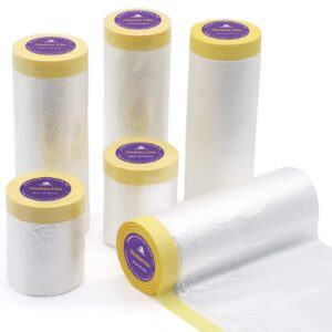 BOMEI PACK 6Rolls Pre-Taped Masking Film, Tape and Drape for Automotive Painting Covering, 3 Multi Size x 66Feet/ Roll