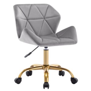 duhome cute home office chair, velvet swivel desk chair armless hydraulic rolling computer chair with backrest golden base for teens girls, grey