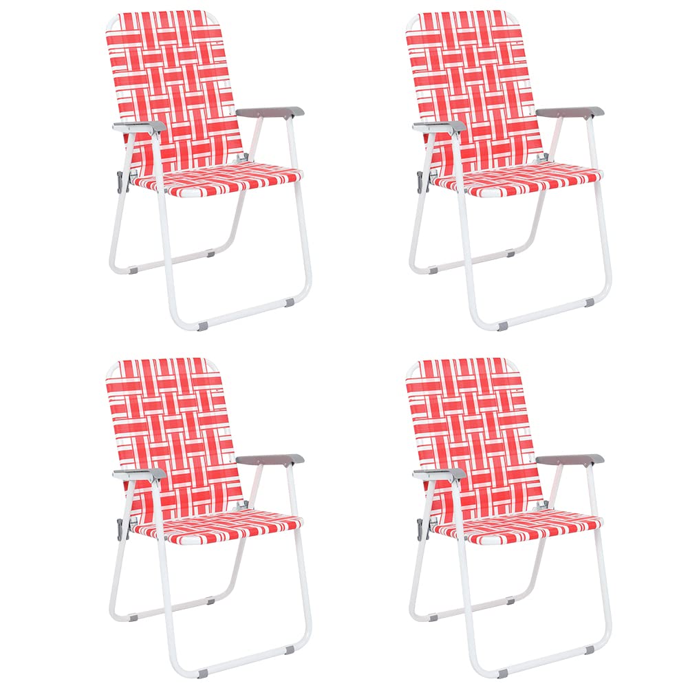 VINGLI Patio Lawn Webbed Folding Chairs Set of 2, Outdoor Beach Portable Camping Chair for Yard, Garden Dining (Red, Classic)