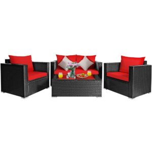 bettary 4 pcs patio rattan chair set, sofa set w/tempered glass coffee table, conversation set w/seat & back cushions, outdoor wicker sectional furniture set for garden/yard/poolside (1, red)