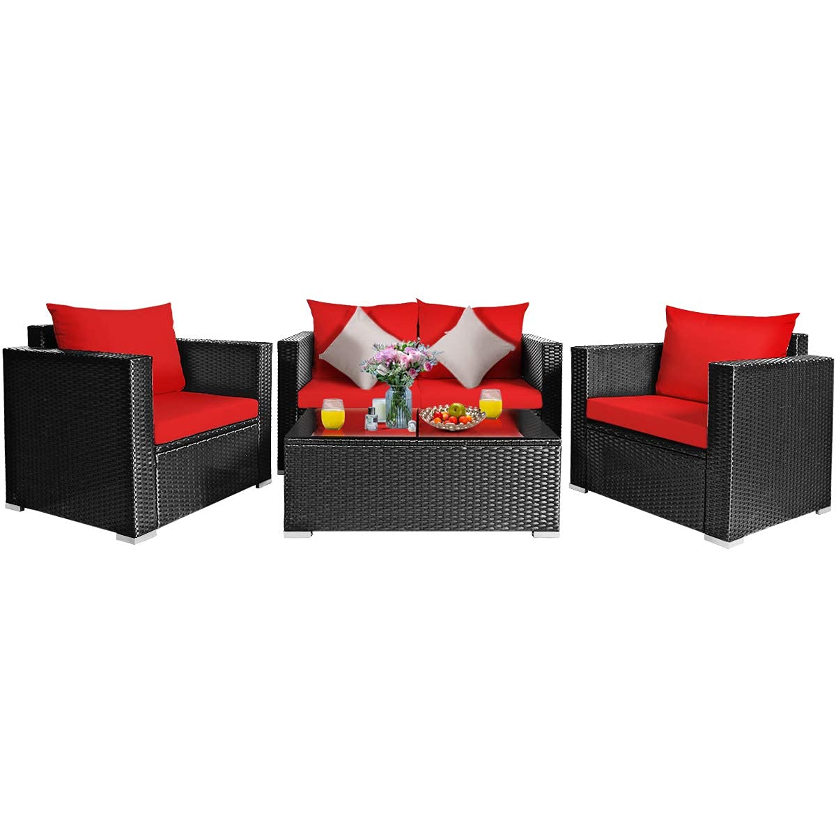 BETTARY 4 PCS Patio Rattan Chair Set, Sofa Set w/Tempered Glass Coffee Table, Conversation Set w/Seat & Back Cushions, Outdoor Wicker Sectional Furniture Set for Garden/Yard/Poolside (1, Red)