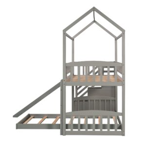 Harper & Bright Designs House Bunk Bed with Slide, Wood Twin Over Twin Bunk Bed Frame with Stairs and Roof for Kids, Teens, Girls, Boys (Gray)