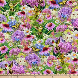 david textiles hummingbird & butterfly garden digital cotton print fabric by the yard, multicoloured, 45 inches