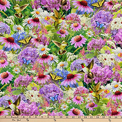 DAVID TEXTILES Hummingbird & Butterfly Garden Digital Cotton Print Fabric by The Yard, Multicoloured, 45 Inches