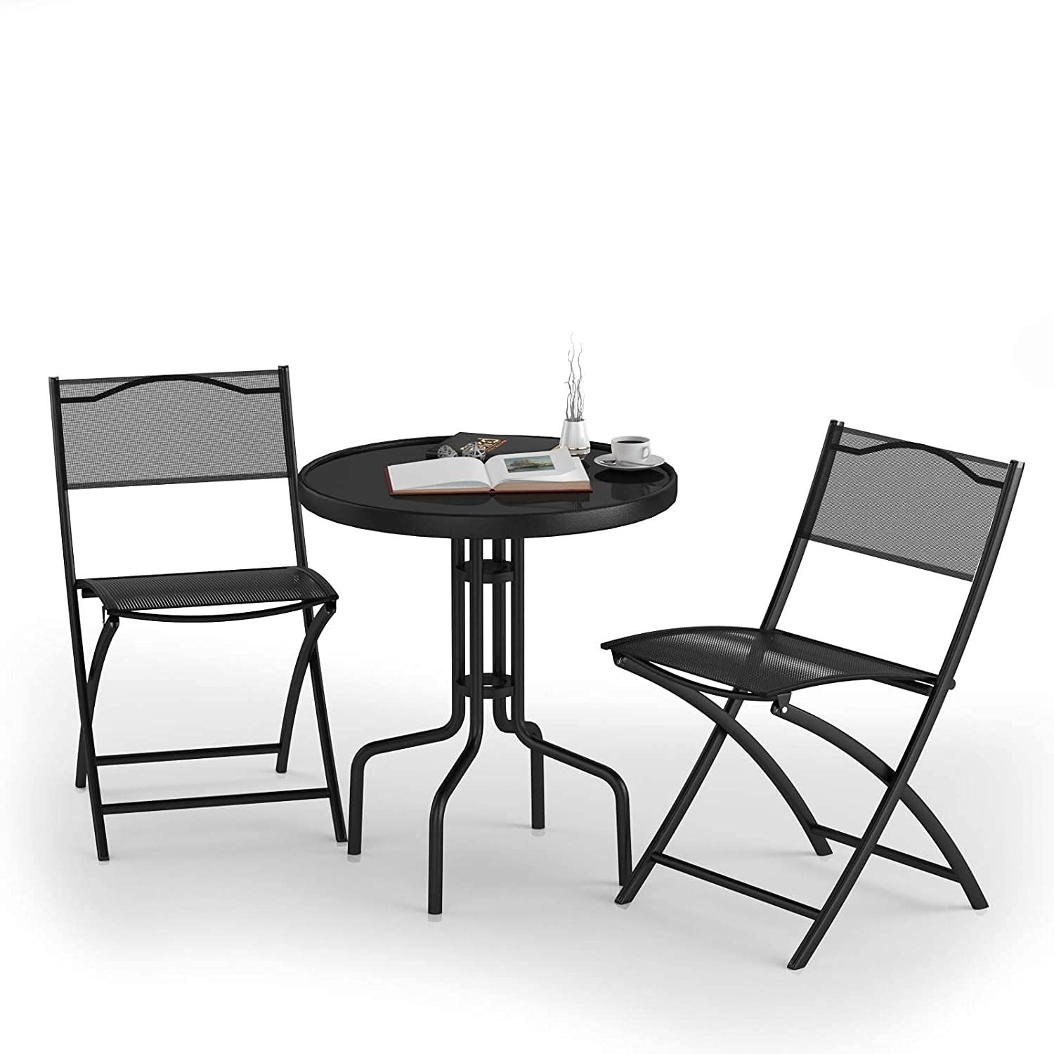 hysache, Weather-Resistant Indoor/Outdoor Patio Furniture Table and Chairs Conversation 3 PCS Bistro Set, Black