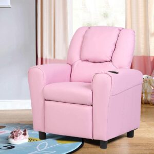 LDAILY Kids Recliner, PU Leather Kids Lounge Chair with Cup Holder, Adjustable Footrest, Ergonomic Toddler Furniture Sofa for Children, Boys & Girls, Living Room, Toddler Recliner, Pink