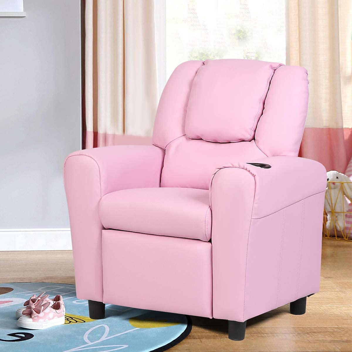 LDAILY Kids Recliner, PU Leather Kids Lounge Chair with Cup Holder, Adjustable Footrest, Ergonomic Toddler Furniture Sofa for Children, Boys & Girls, Living Room, Toddler Recliner, Pink