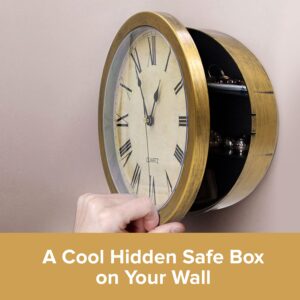 MCM Style Wall Clock & Hidden Safe Box in One - 10” Gold Wall Safe Clock - Concealment Furniture with Hidden Compartments - Wall Mount Clock w/Hidden Storage Shelf - Disguised Safe