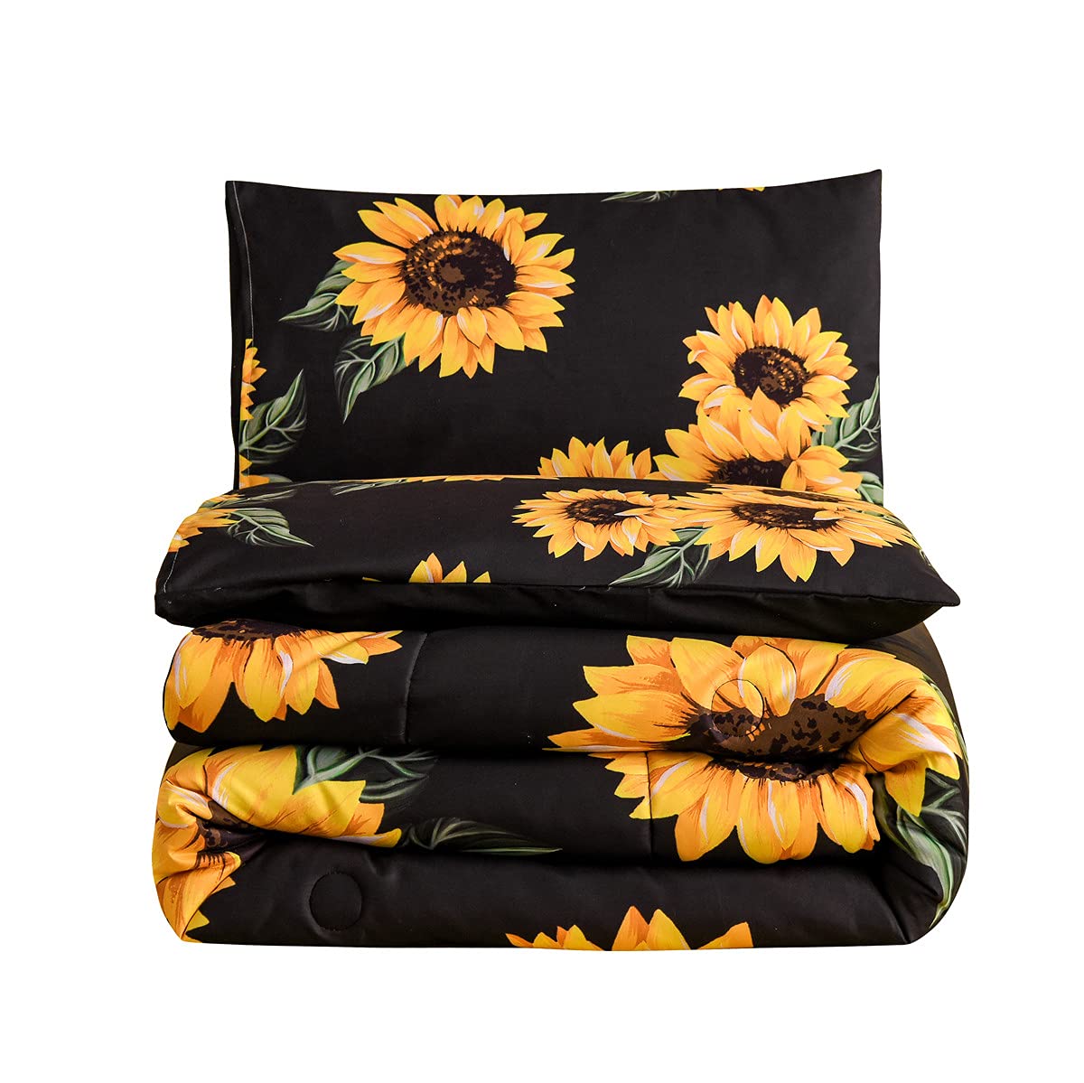 NTBED Black Sunflowers Comforter Set Queen Yellow Floral Botanical 3-Pieces Microfiber Bedding Quilt for Girls Teens (Black, Queen)