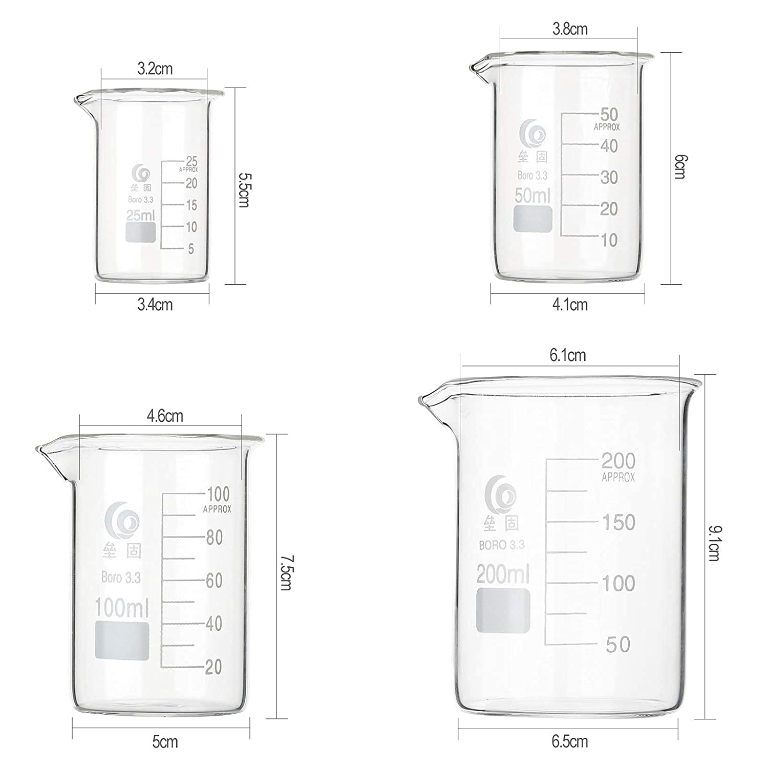 Glass Beaker Set, 4 Pack Graduated Measuring Beakers 25ml 50ml 100ml 200ml Low Form Griffin Thick Wall Lab Beakers with 4 Pcs 1ml Glass Pipette