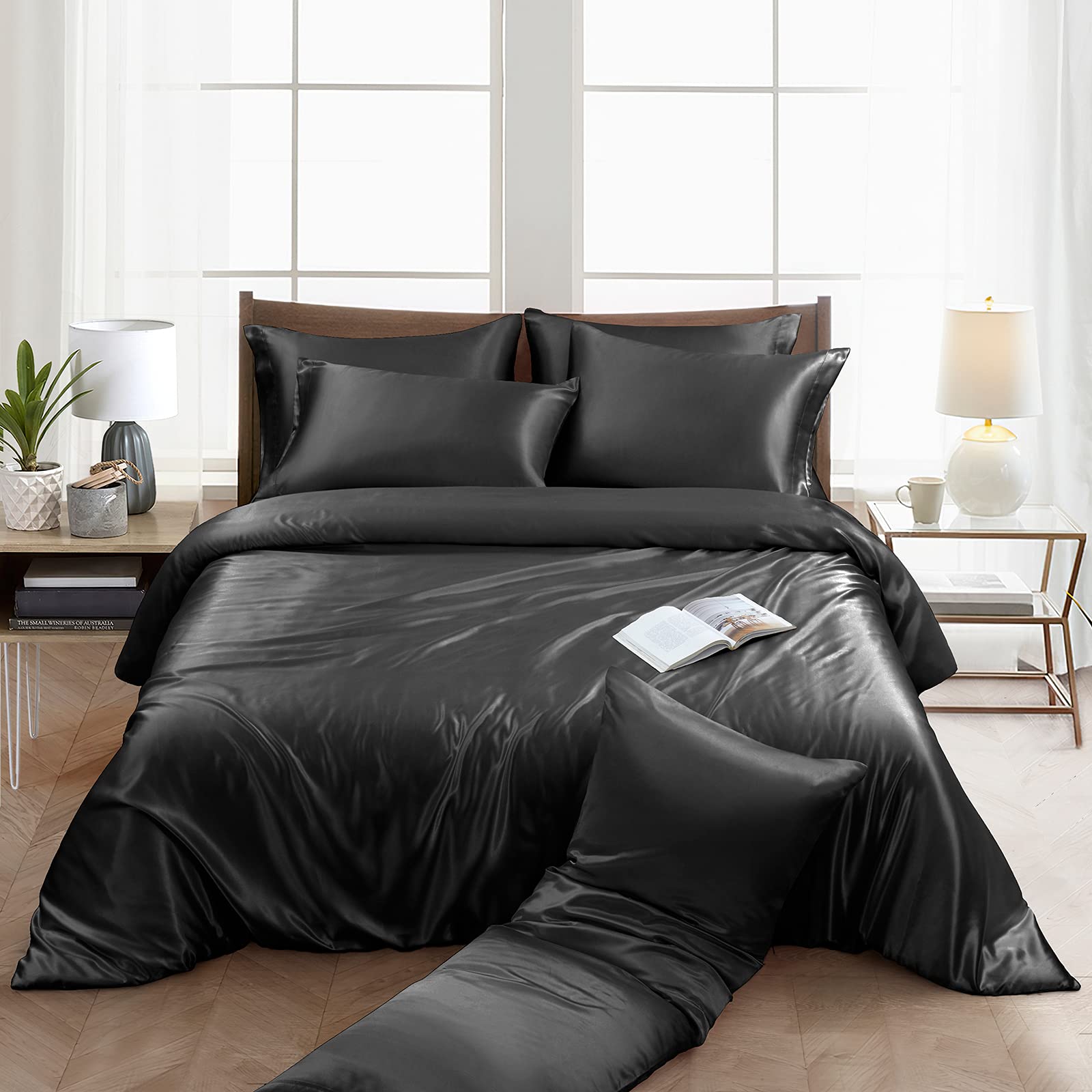 Ersmak 6 Pieces Satin Duvet Cover Full/Queen Size Luxury Silky Bedding Duvet Cover Set with 1 Soft Duvet Cover, 4 Queen Pillowcases and 1 Body Pillowcase, Black