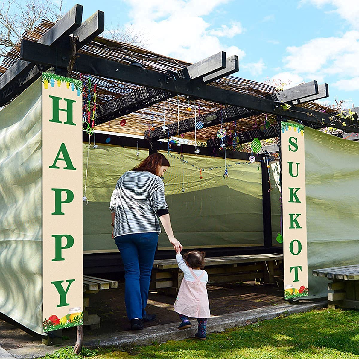 Happy Sukkot Porch Banner Sukkah Etrog Jewish Holiday Celebration Front Door Sign Wall Hanging Party Decoration