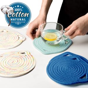 YONOVO 7" Cotton Trivets Set, 3Pcs Cute Cat Ear Pot Holders Woven Hot Pads Mats Thick Heat Resistant for Hot Pots and Pans Round Hot Plate Holder Washable Potholders Kitchen Farmhouse Gift Blue