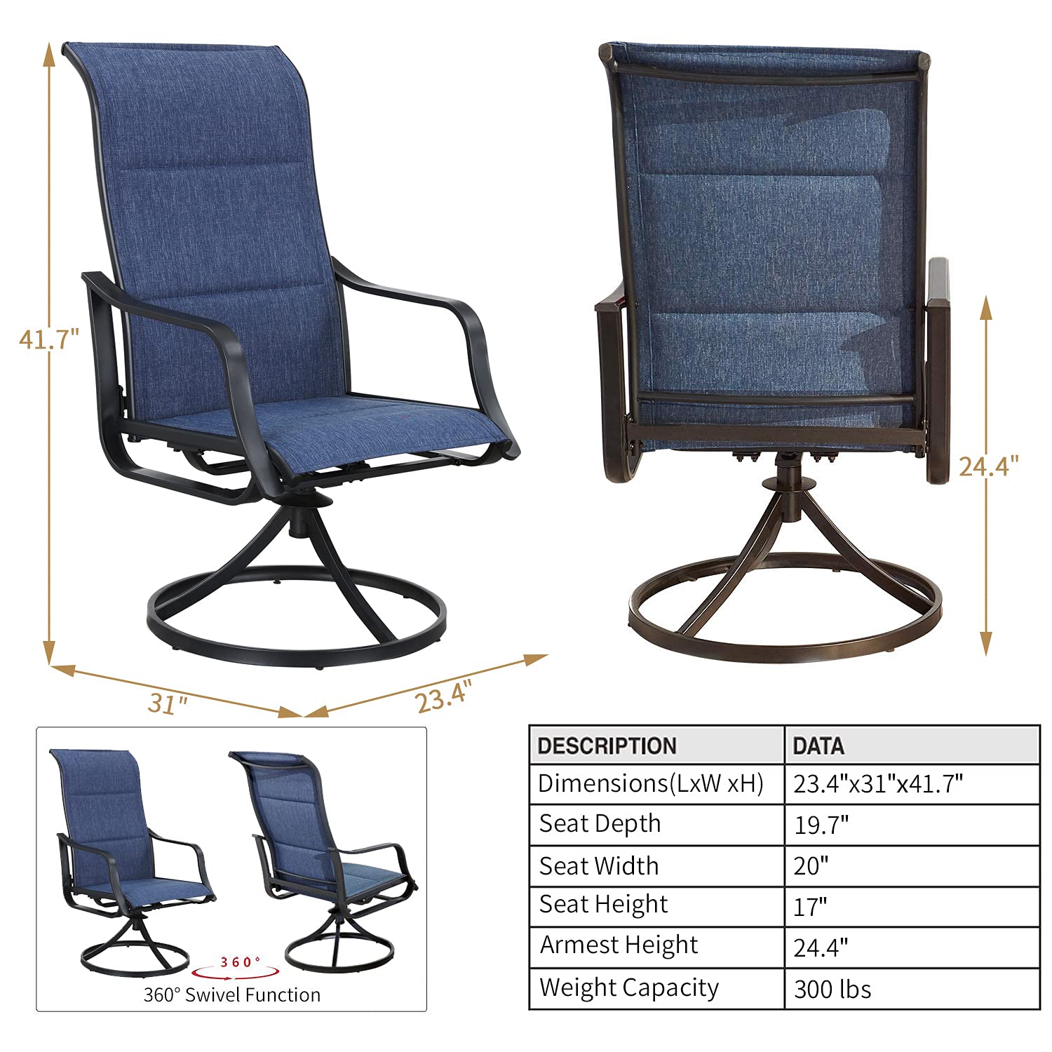 PatioFestival Patio Dining Chairs 2 Pieces Textilene Outdoor High Back Swivel Rockers Set with All Weather Frame (Blue)