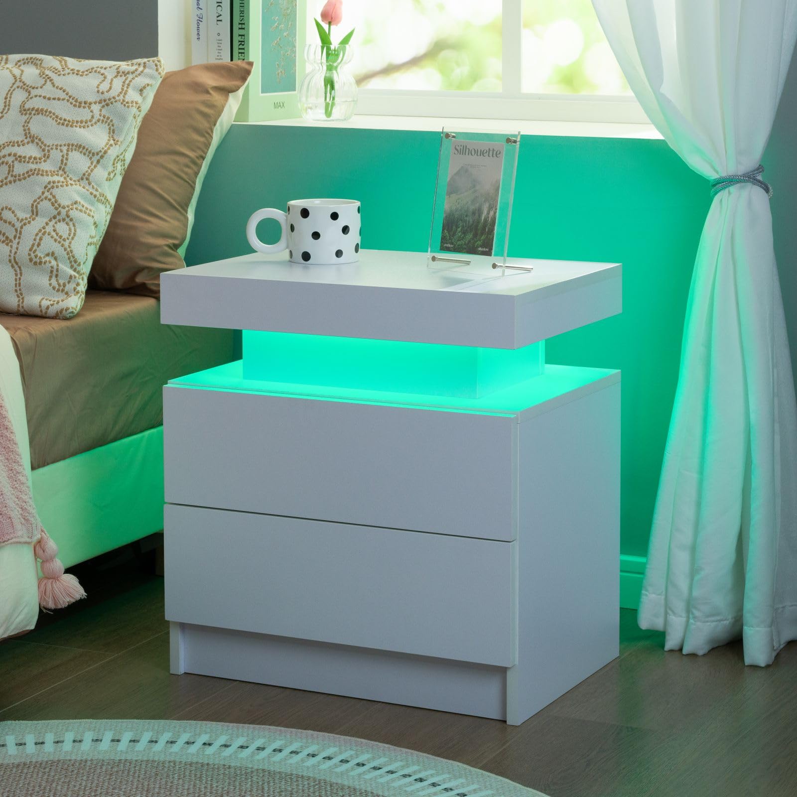 i-aplus Nightstand Set of 2 LED Nightstand with 2 Drawers, Bedside Table with Drawers for Bedroom Furniture, Side Bed Table with LED Light, White