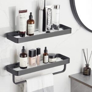 VOLPONE Bathroom Shelves Wall Mounted Glass Shelf for Bathroom Floating Shelf Tempered Glass Black Bathroom Wall Organizer 2-Tier