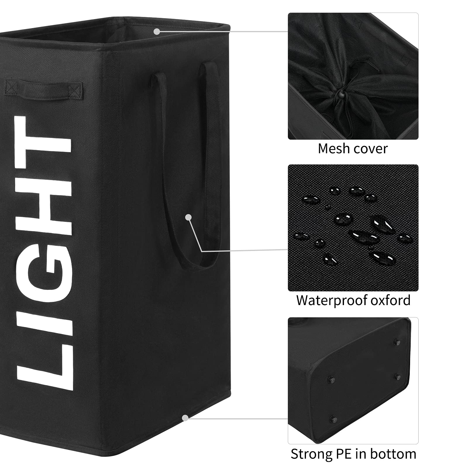 WOWLIVE Double 65L Slim Laundry Hamper 2 Pack Tall Thin Laundry Basket with Extended Handles Dark and Lights Separator Narrow Dirty Clothes Hamper Collapsible Laundry Organizer for Dorm Room (Black)