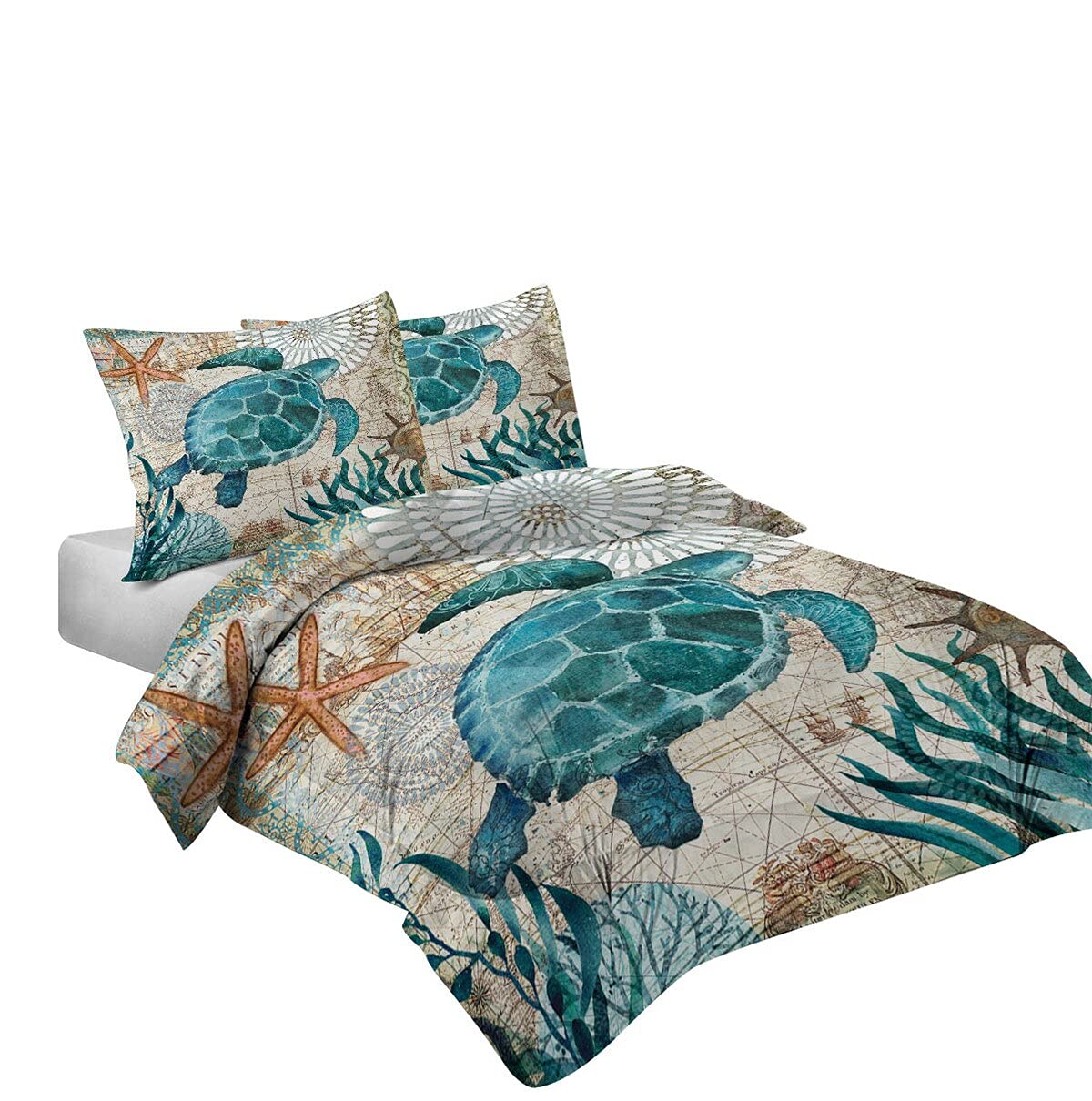 MUSOLEI Ocean Comforter Set Turtle Comforter Set, Sea Turtle Bedding Collections Soft for Teen Boys Turquoise Ocean Themed Mediterranean Style Printed Design Quilt Set Queen Size Comforter（Queen）