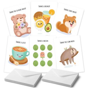 24 funny thank you cards with envelopes - fun animals punny thank you cards kids friendly - cute thank you notes for teachers and students - say thanks a melon, thanks a latte, and more puns