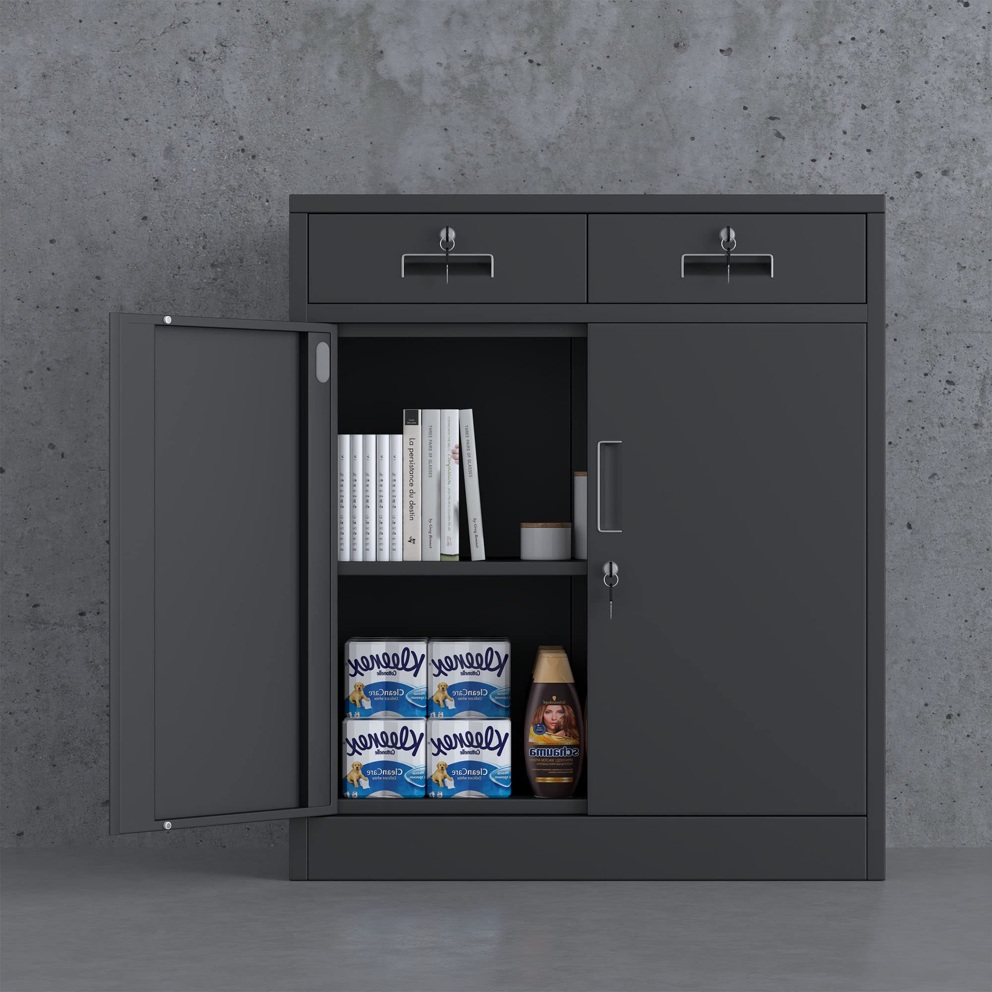 JINGUR Metal Storage Cabinet with Locking Doors and 2 Drawers, Lockable Storage Cabinets with Adjustable Shelf for Home Office and Garage (Black)