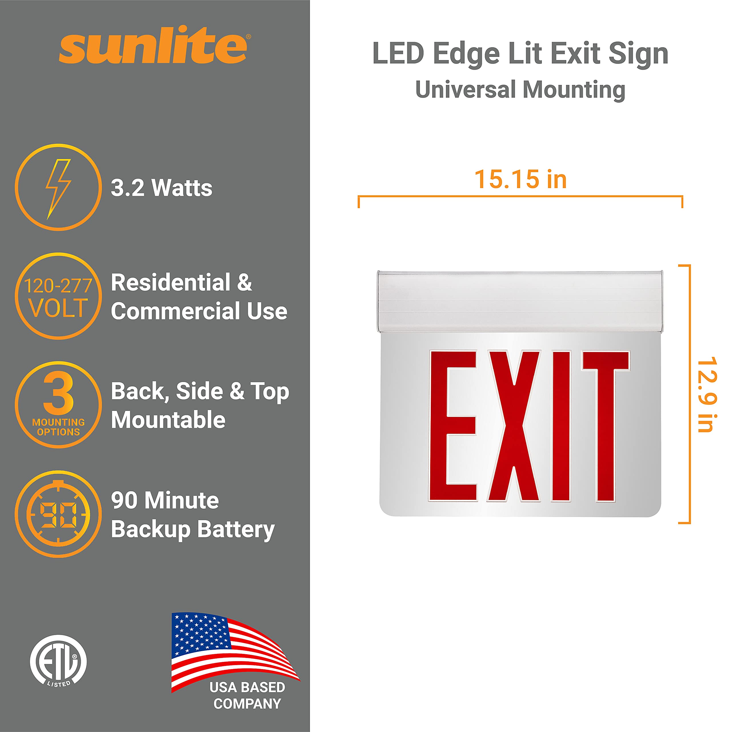 Sunlite 05278 LED Edge Lit Exit Sign, Silver Panels with Bright Red Lettering, 90-Min Battery Back-Up, Dual Voltage 120-277V, Universal Mounting, Long Lasting, Fire Safety, NYC Compliant