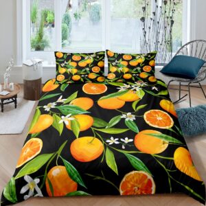 feelyou fruit duvet cover set fresh oranges vibrant bedding set for kids boys girls cartoon citrus fruit comforter cover set orange and black quilt cover bedroom collection 3pcs queen size