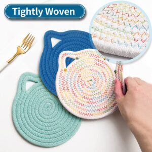 YONOVO 7" Cotton Trivets Set, 3Pcs Cute Cat Ear Pot Holders Woven Hot Pads Mats Thick Heat Resistant for Hot Pots and Pans Round Hot Plate Holder Washable Potholders Kitchen Farmhouse Gift Blue