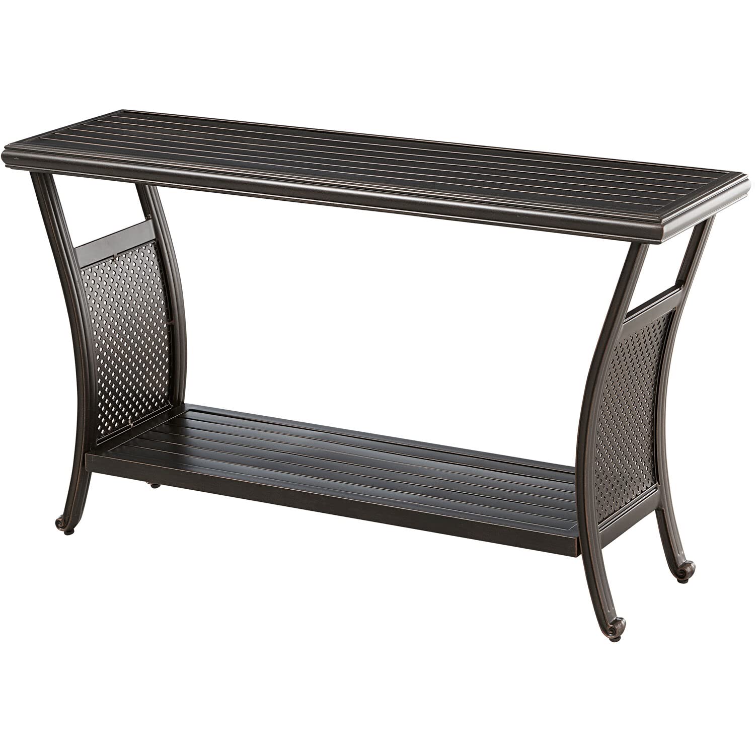 Hanover Traditions Outdoor Patio 50" Slat Top Console Table, 2 Shelf, Brushed Bronze Finish, Rust-Resistant, All-Weather