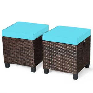 cleeman outdoor ottoman set of 2, all weather rattan wicker patio ottoman w/removable cushions, outdoor footstool footrest for patio garden porch poolside (turquoise)