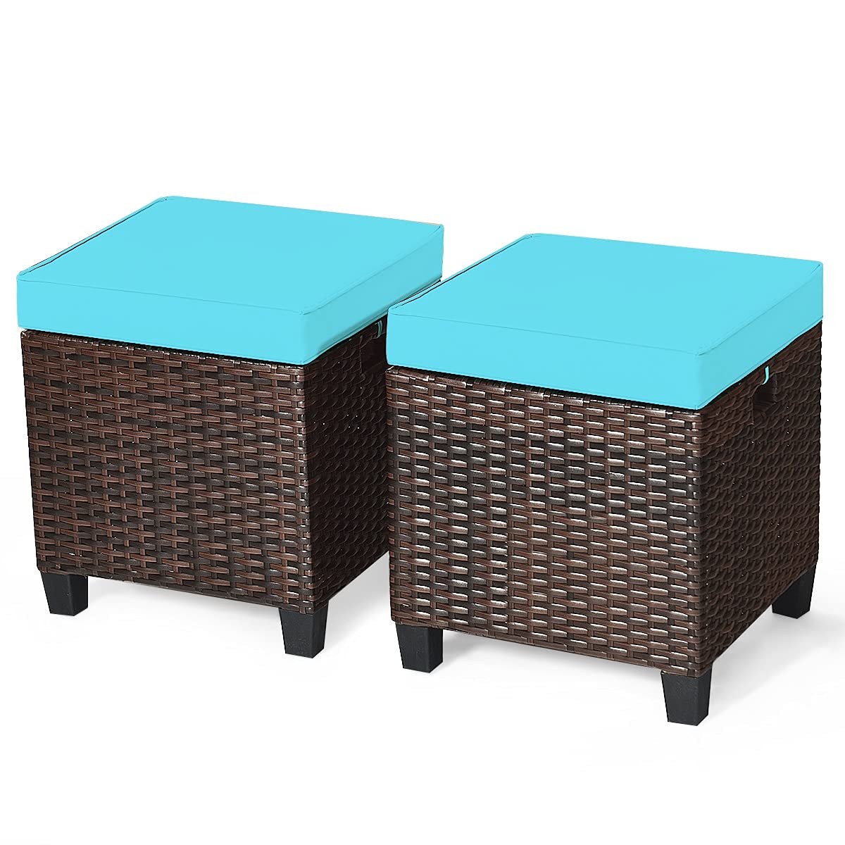 CLEEMAN Outdoor Ottoman Set of 2, All Weather Rattan Wicker Patio Ottoman w/Removable Cushions, Outdoor Footstool Footrest for Patio Garden Porch Poolside (Turquoise)