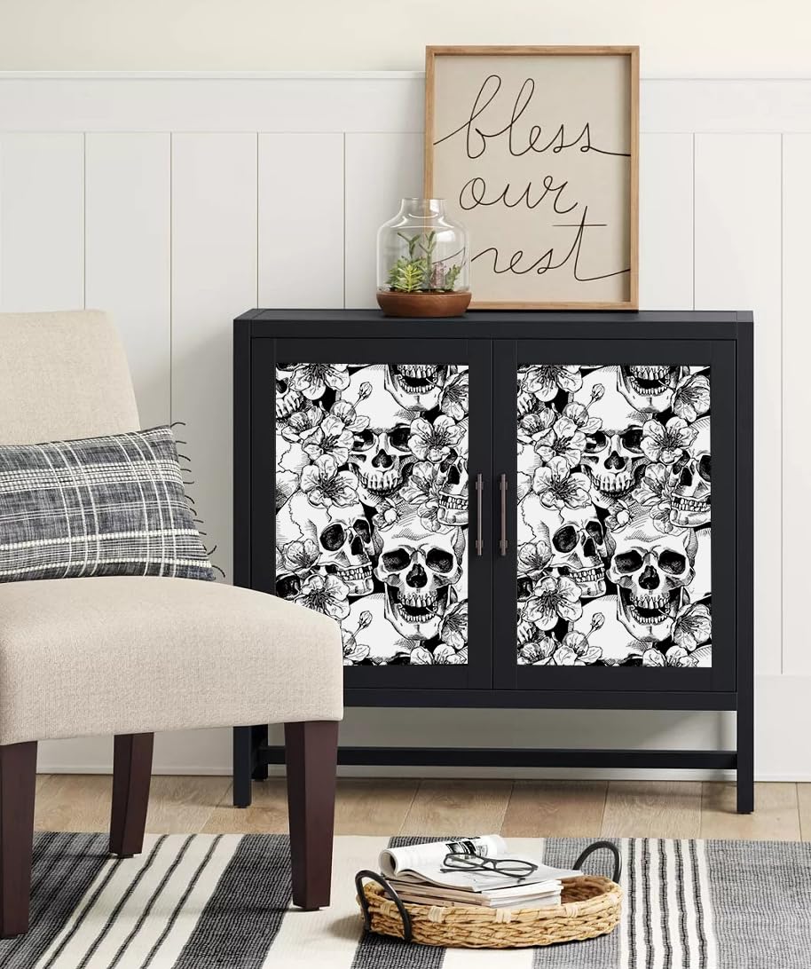 HAOKHOME Gothic Peel and Stick Wallpaper Sugar Skull Floral for Bedroom Black/White Removable Accent Wall Decorations 17.7in x 9.8ft