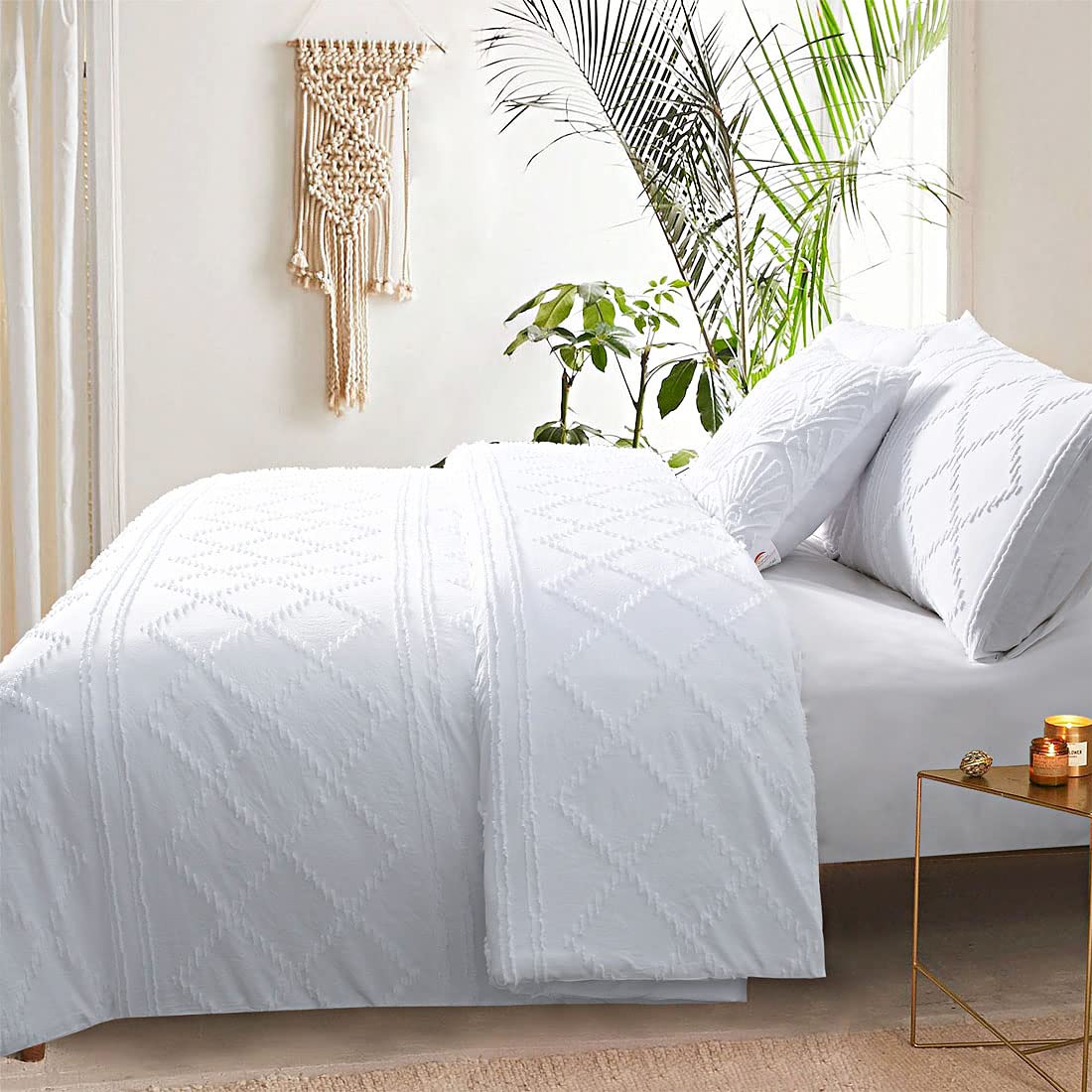 YINFUNG White Duvet Cover Queen Tufted Boho Textured Diamond Shabby Chic Moroccan Clipped Fringed Bohemian Jacquard Bedding Set 90x90