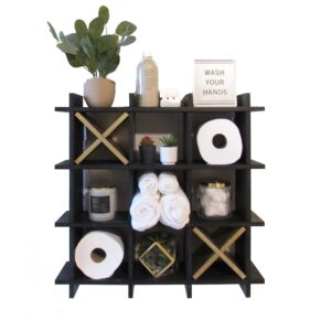 large black tic tac toe toilet paper holder stand | design freestanding bathroom tissue roll storage organizer | wooden bathroom organizer | over the toilet bathroom storage cabinet wall mounted