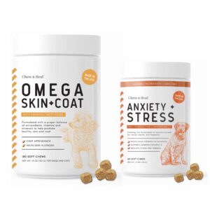 dog calming treats and salmon oil omega treats for skin and coat -anxiety and stress relief supplement thiamine and l-tryptophan for travel, storms, fireworks -essential fatty acids, omega 3, 6, and 9